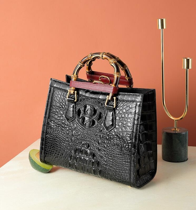 Crocodile Shoulder Bag Crossbody Bag Handbag with Bamboo Handle