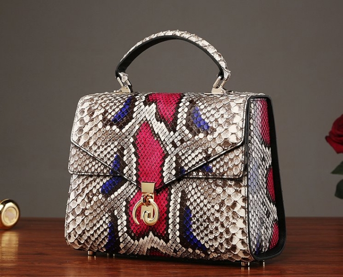 Python Skin Handbag for Women Top Handle Bag Ladies Shoulder Purse Bag