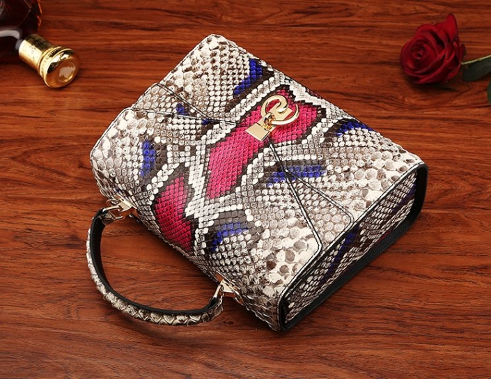 Python Skin Handbag for Women Top Handle Bag Ladies Shoulder Purse Bag