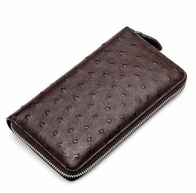 Genuine Ostrich Skin Long Wallet with Zipper for Men