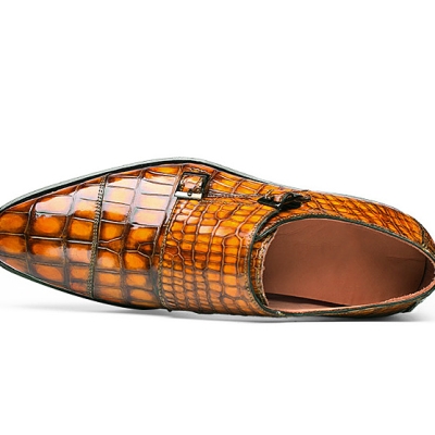Handcrafted Alligator Double Buckle Monk Strap Cap Toe Shoes
